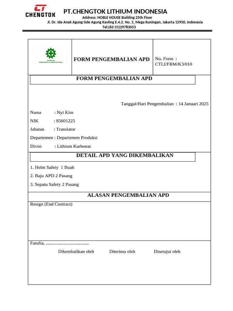 FORM PENGEMBALIAN APD | PDF