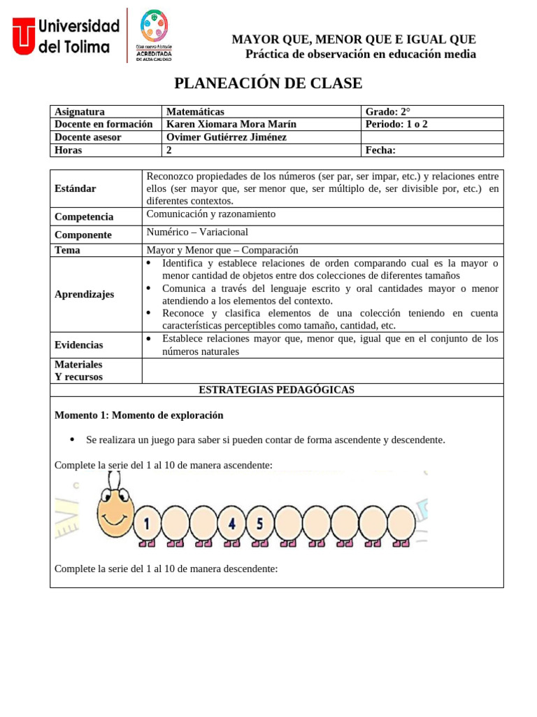 PLANEACIÓN DE CLASE - Mayor Que, Menor Que y Comparacion | PDF ...