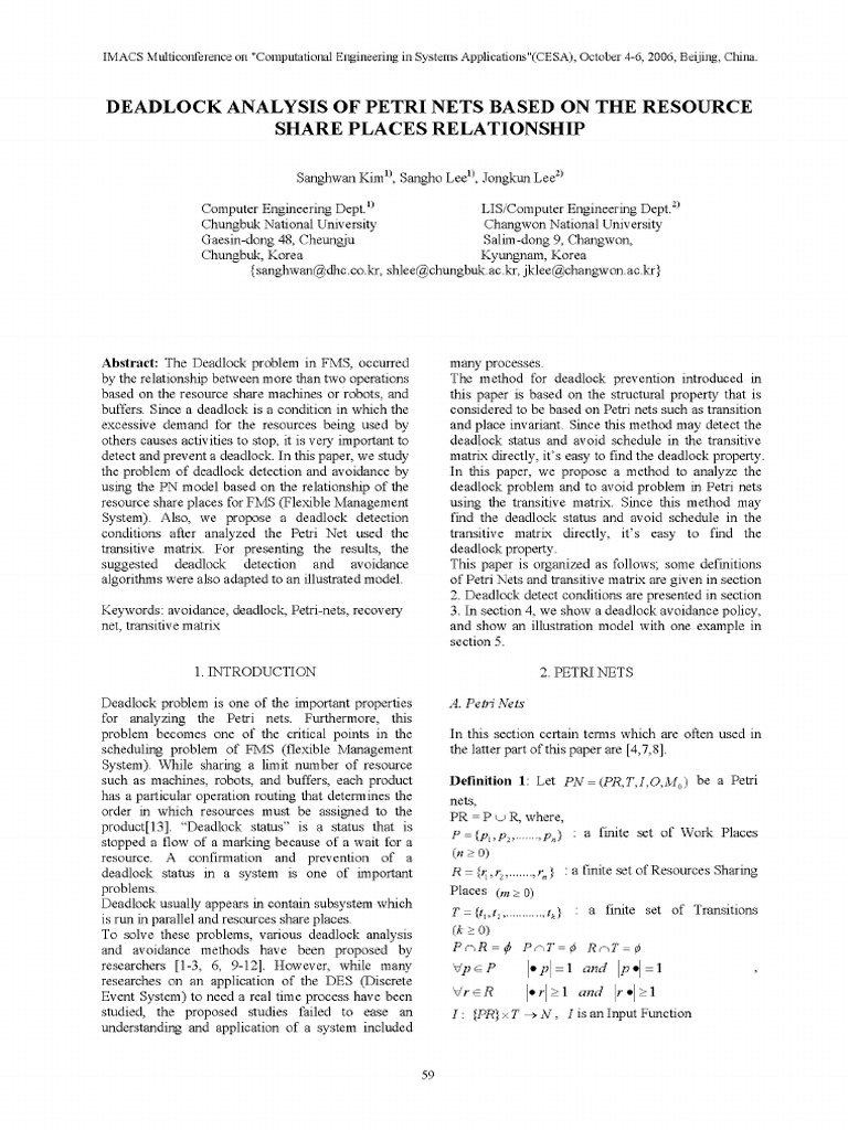 Deadlock Analysis of Petri Nets Based On The Resource Share Places Relationship | PDF ...