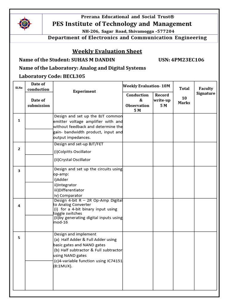 ADSD Lab Evaluation Sheet SMD | PDF | Operational Amplifier ...