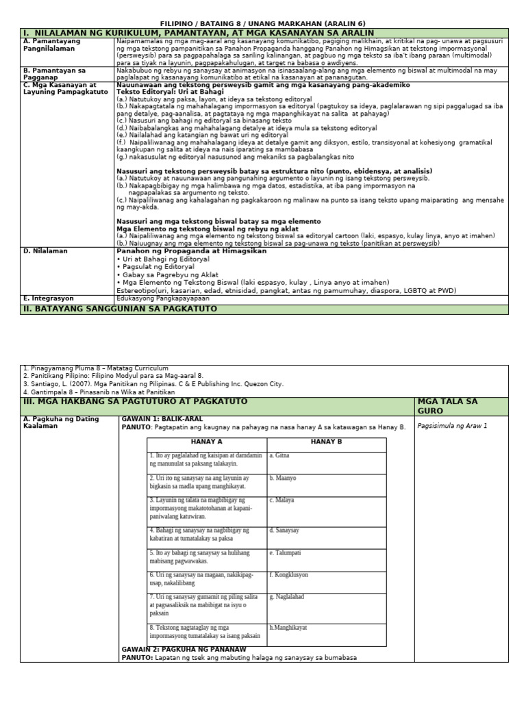 Le Filipino 8 - q1 Aralin 6 Editoryal | PDF