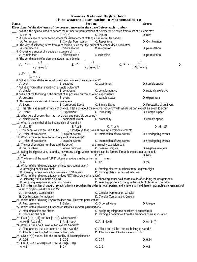 Math 10 Third Quarter Exam Review | PDF | Probability | Integer