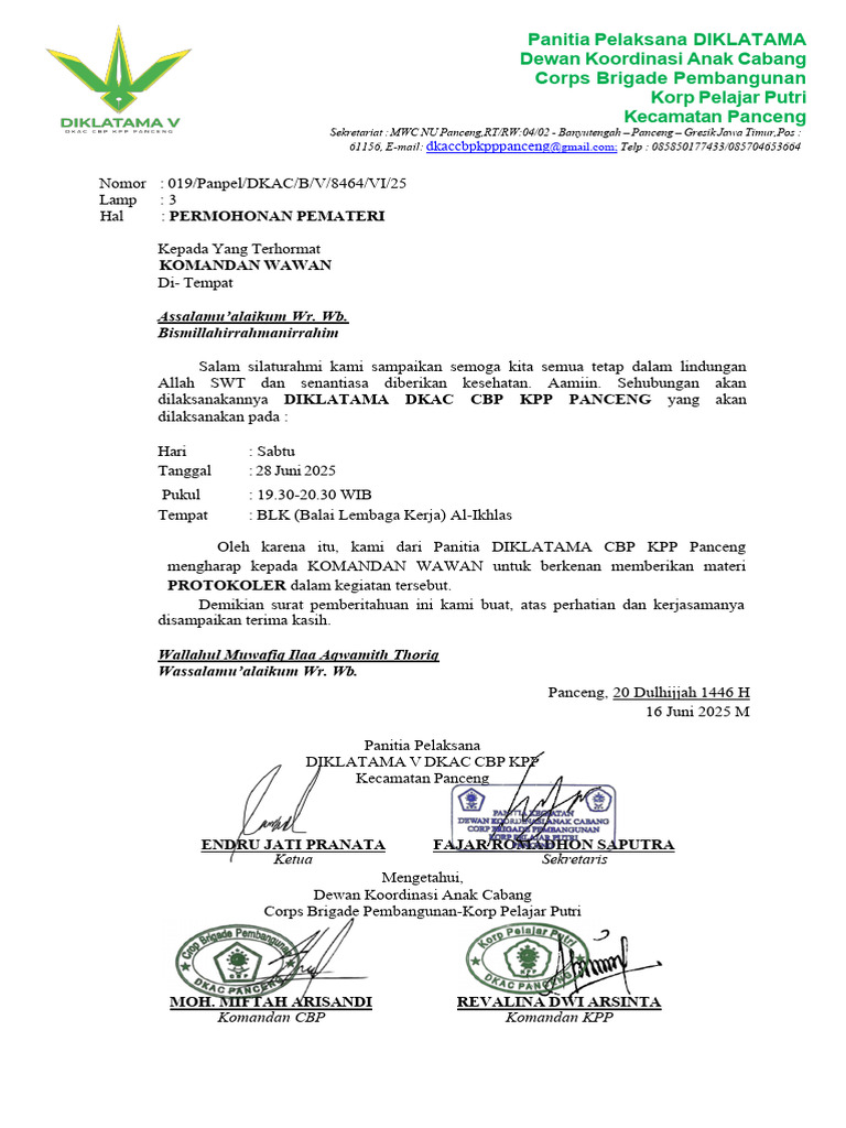 019 - Surat Permohonan Pemateri Komandan Wawan | PDF