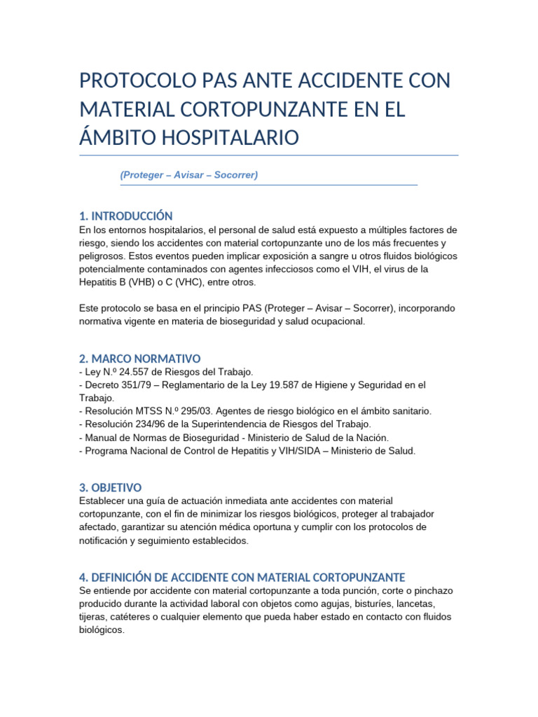 Protocolo PAS para Accidentes Cortopunzantes | PDF | Seguridad y salud ...