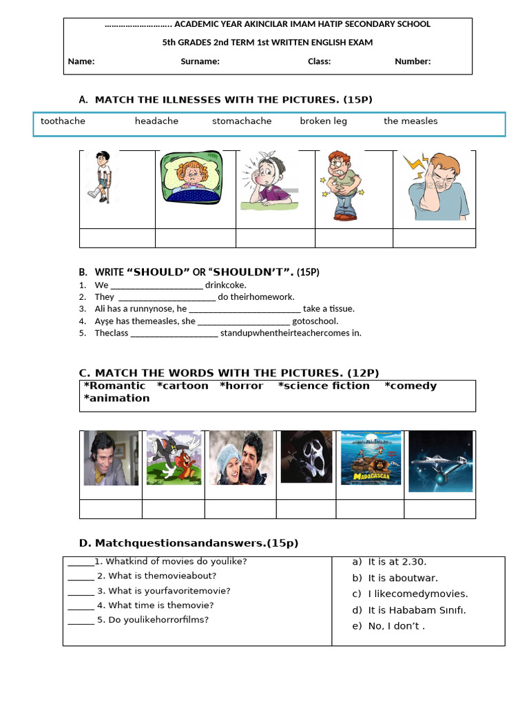 5th Grade English Exam - 2nd Term | PDF