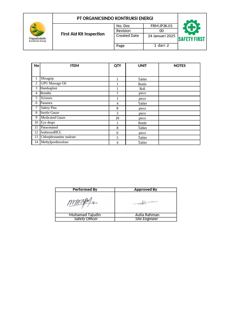 Form Inspeksi Isi Kotak p3k | PDF