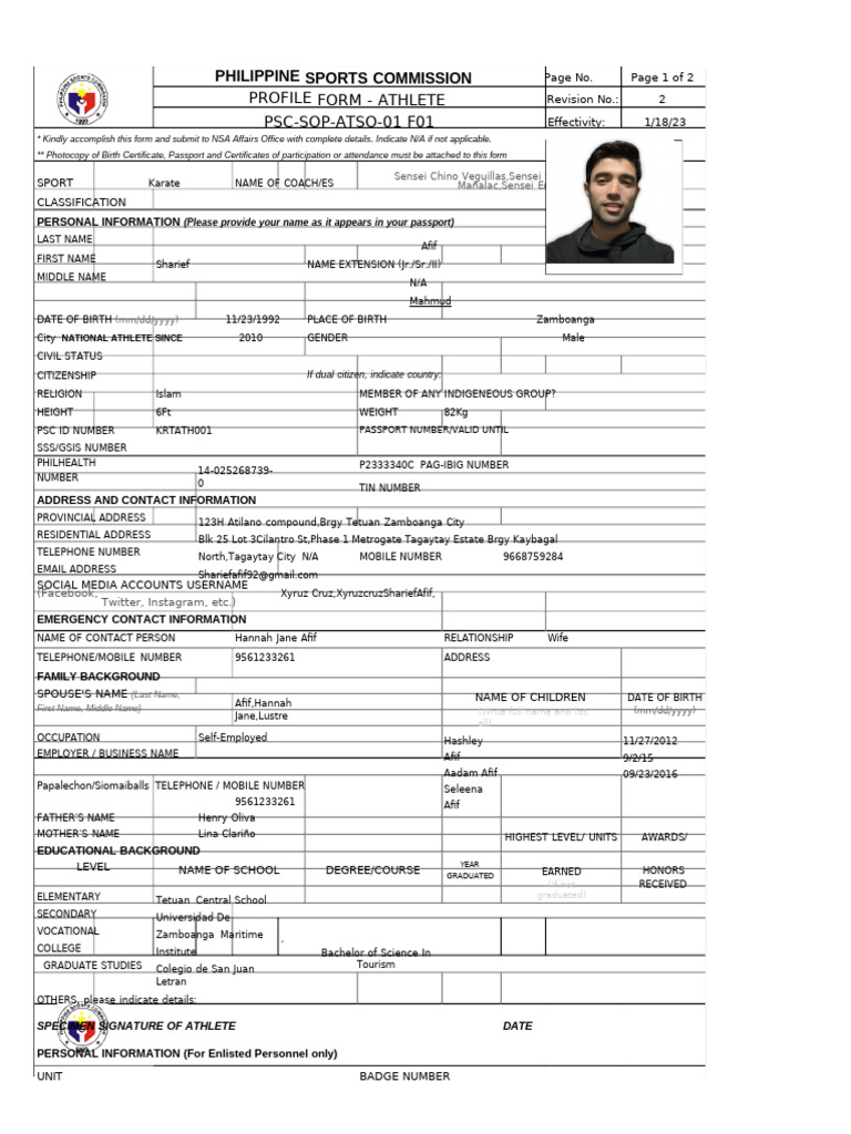 Athlete Profile Form | PDF | Government And Personhood