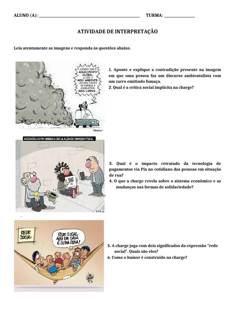 Atividade Interpretacao Charges Tirinhas | PDF | Movimento ambientalista | Aquecimento global e ...