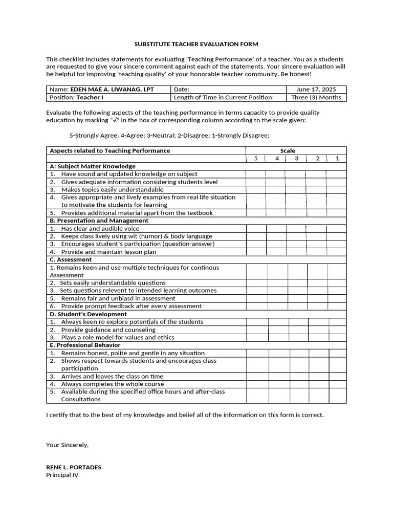 Substitute Teacher Evaluation Form Maam Eden Mae Liwanag | PDF ...
