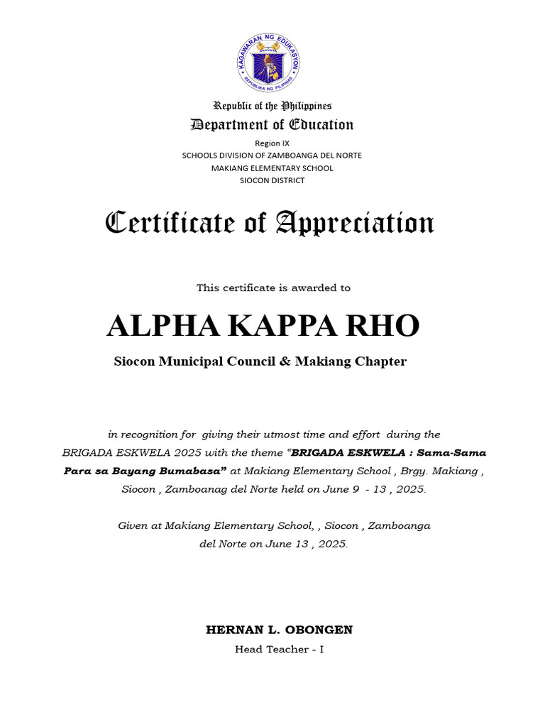 Certificate of Appreciation for Brigada Eskwela | PDF
