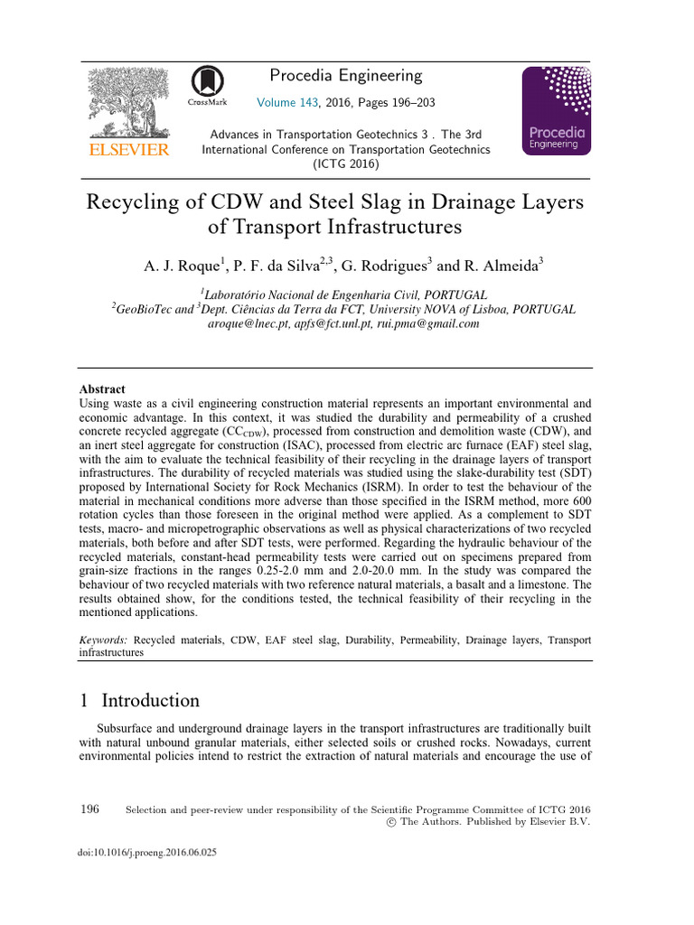 Recycling of CDW and Steel Slag in Drainage Layers of Transport ...