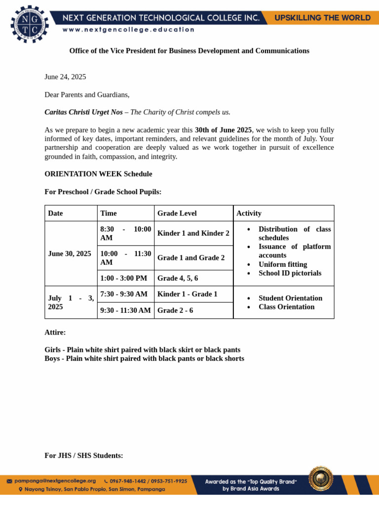 Opening of Classes Communication To Parents and Guardians June 24 2025 ...