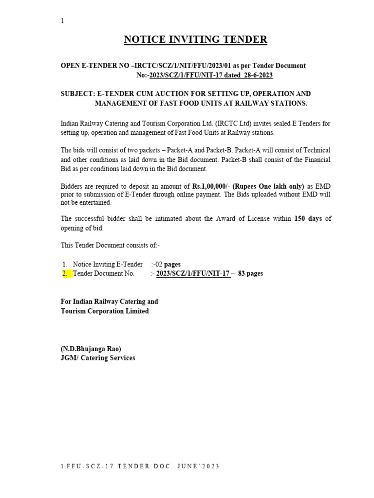 IRCTC Fast Food Unit Tender Notice | PDF | Auction