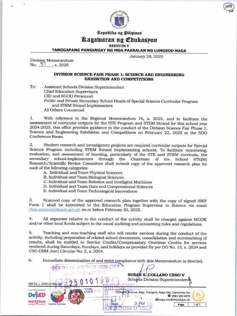 DM No. 57 S. 2025 Division Science Fair Phase 1 Science and Engineering ...