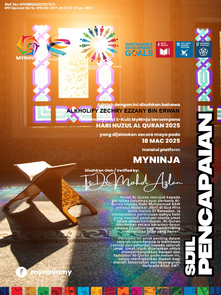 Certificate For - ALKHOLIFY ZECHRY EZZANY BIN... - For - MyNinja - Kuiz ...