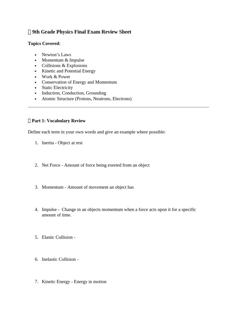 9th Grade Physics Final Exam Review Sheet | PDF | Force | Momentum
