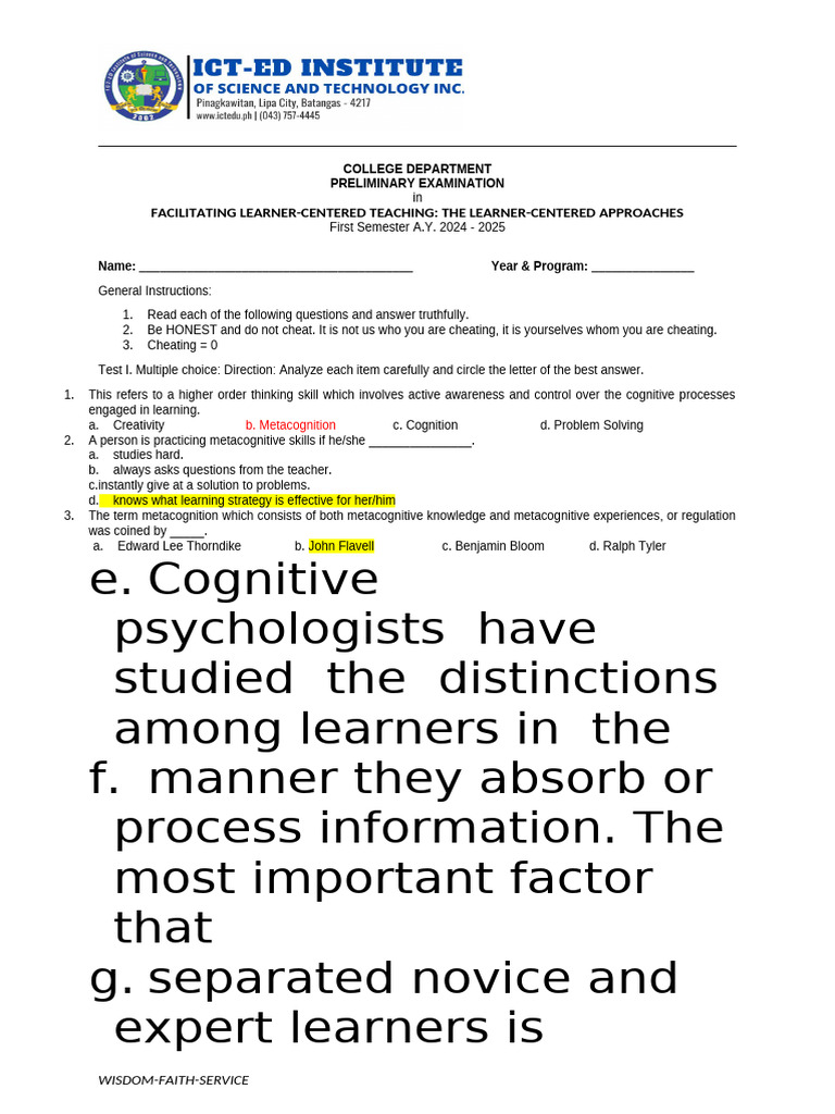 Prelims - Facilitating Learning | PDF | Metacognition | Learning