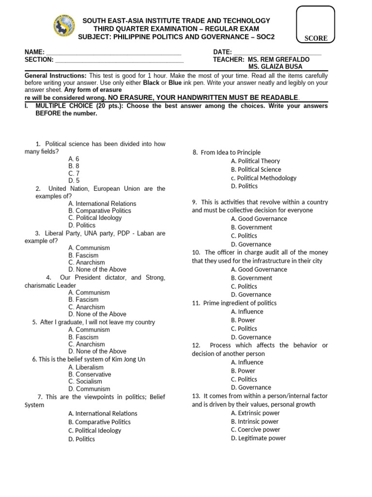 Philippine Politics Exam Guide | PDF | Motivation | Motivational