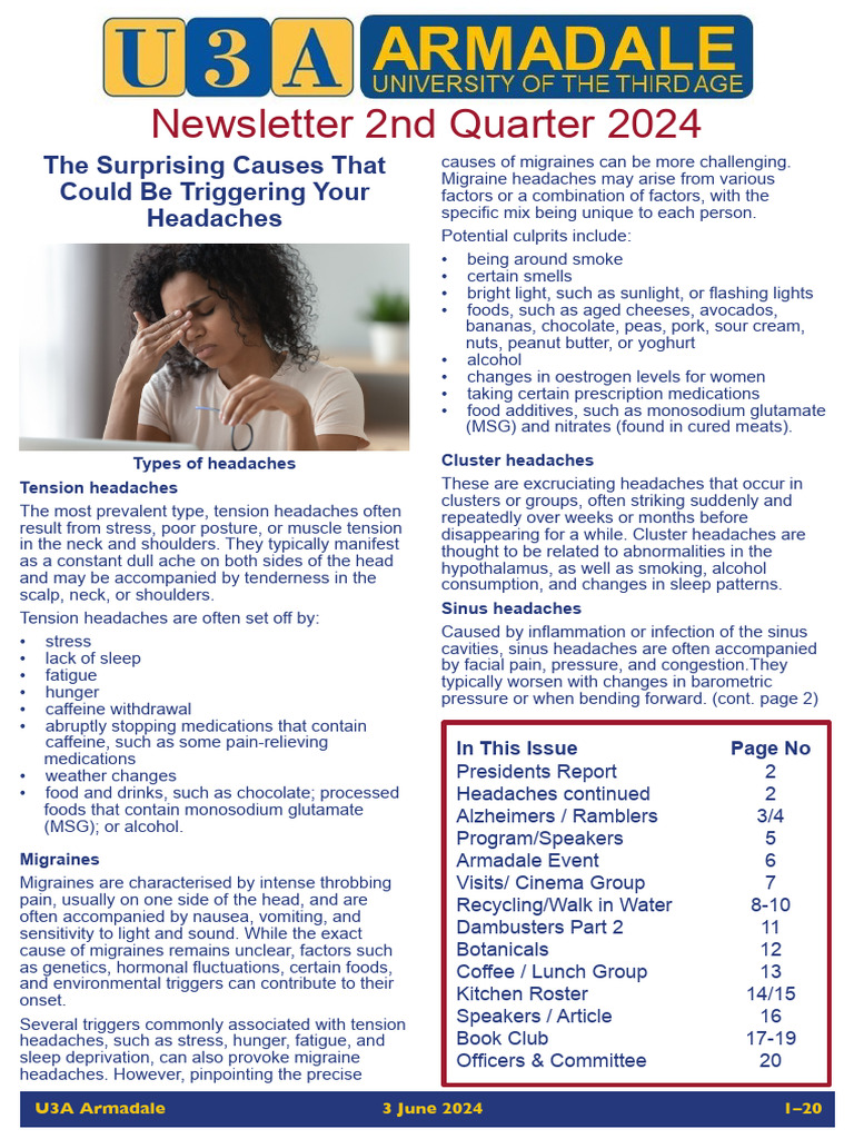 U3A Newsletter 2nd Quarter 2024 | PDF | Headache | Migraine