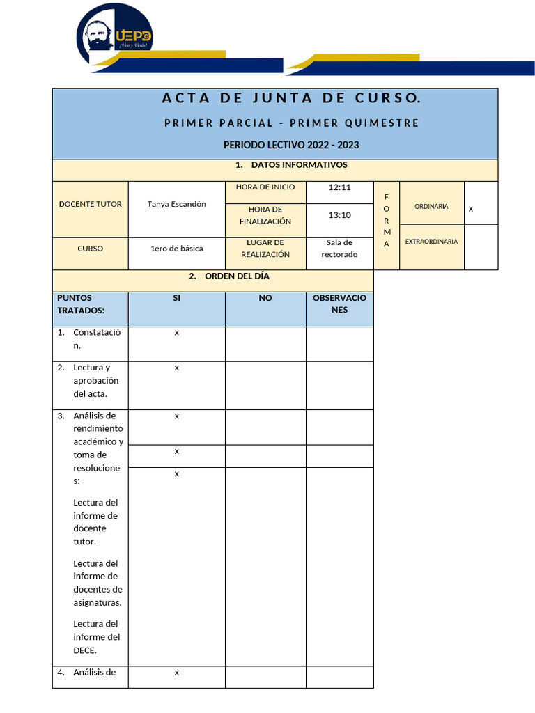 Acta para Junta de Curso 2 | PDF | Aprendizaje