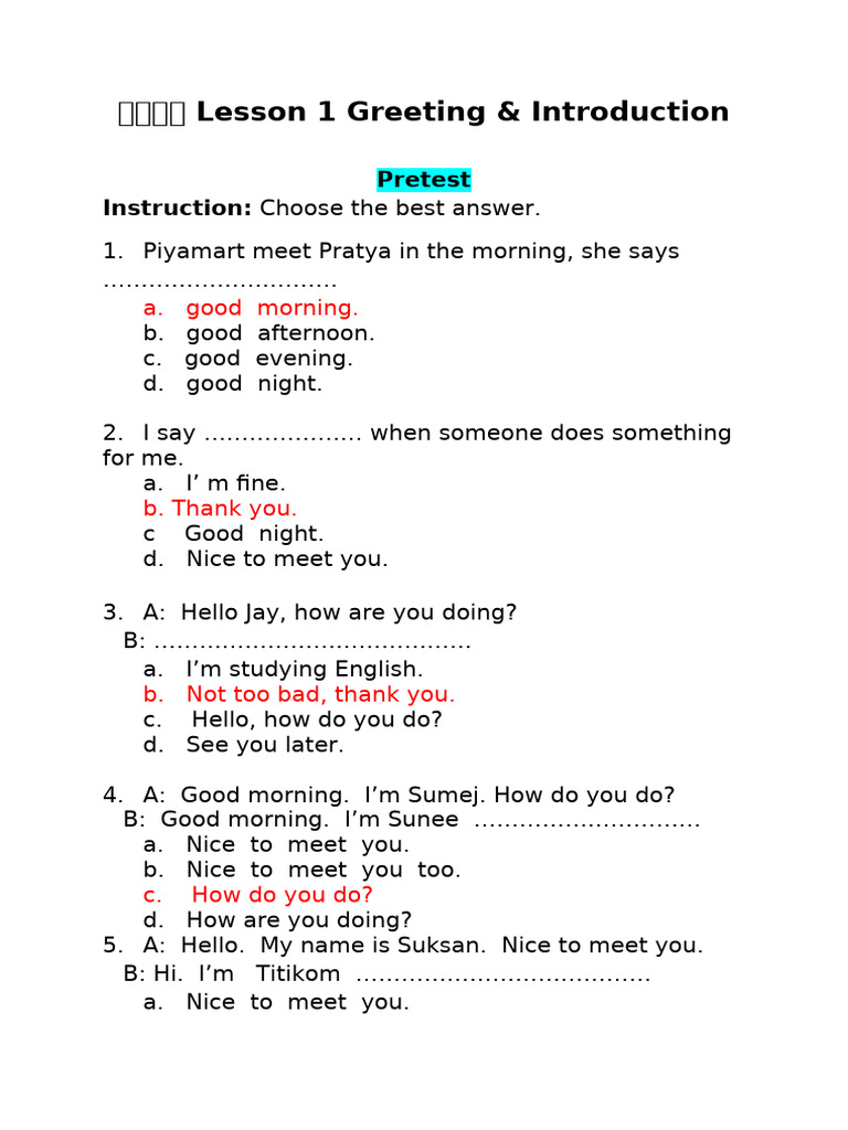 เฉลย Lesson 1 Greeting&Introduction | PDF | Chess Theory | Chess