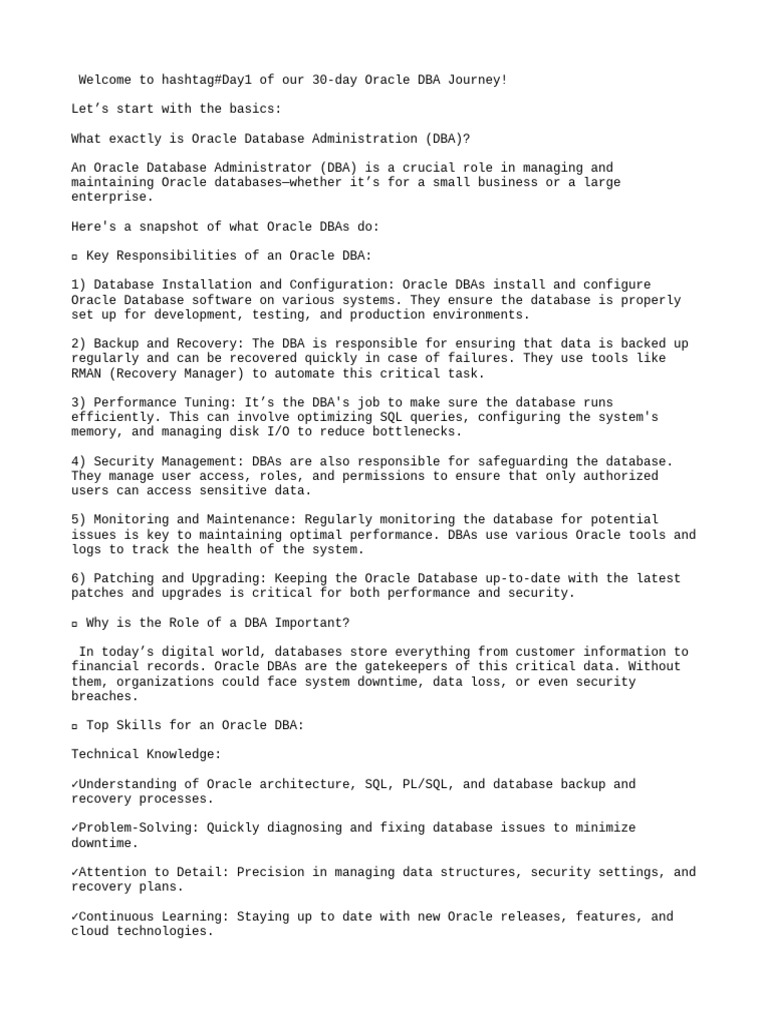 30 DAY Oracle DBA Refresher | PDF | Backup | Databases