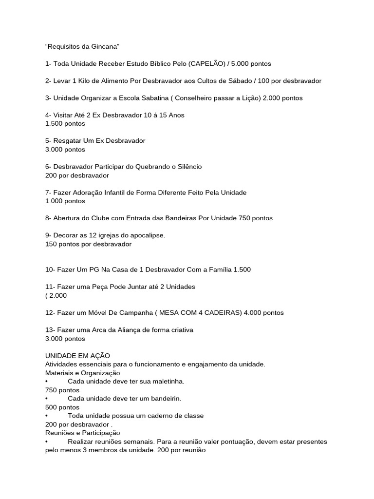 Requisitos e Pontuação da Gincana | PDF