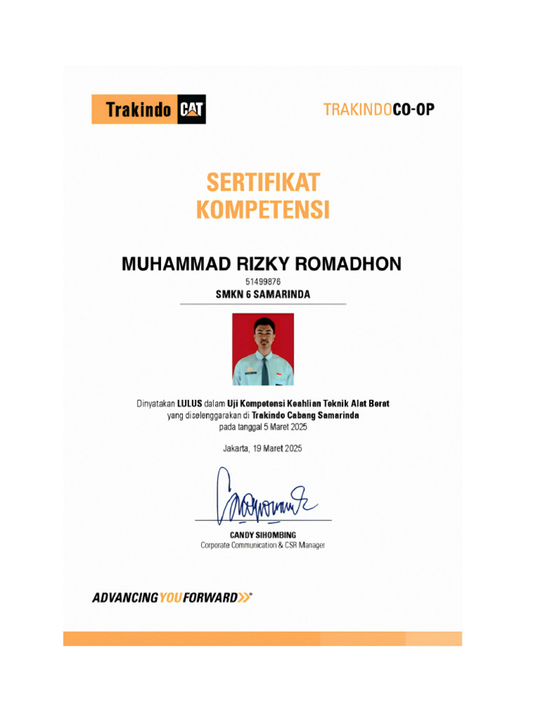Sertifikat Kompetensi Caterpillar M. Rizky Romadhob | PDF