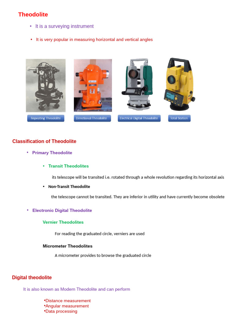 Theodolite Types and Usage Guide | PDF | Surveying | Rotation