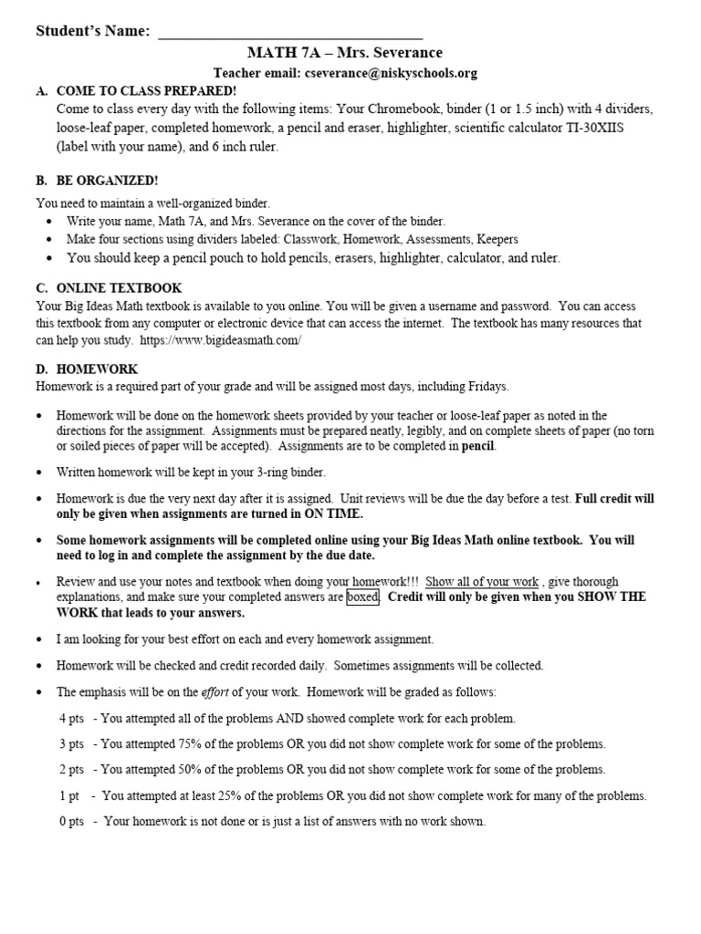 MATH 7A Info Sheet 22-23 | PDF | Homework