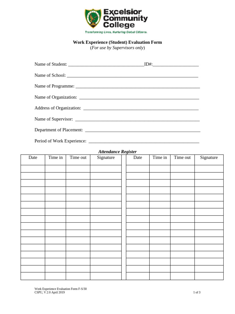 Work Experience Student Evaluation Form Reviewed April 2019 | PDF ...
