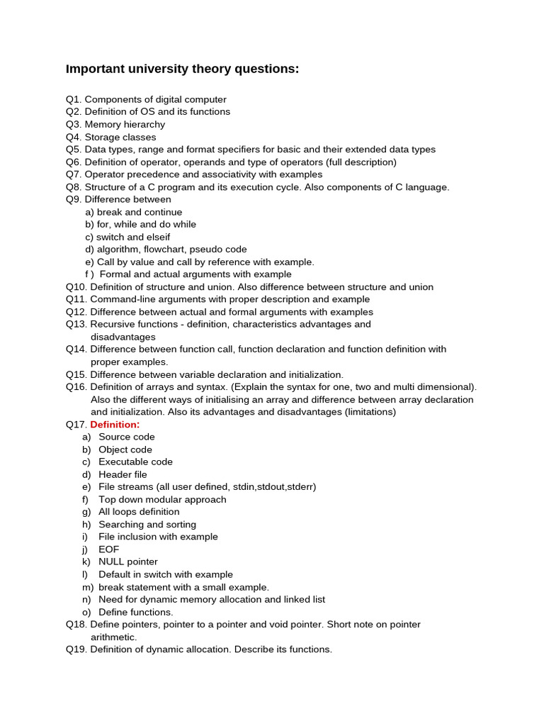 Key Computer Science Theory Questions | PDF | Pointer (Computer ...