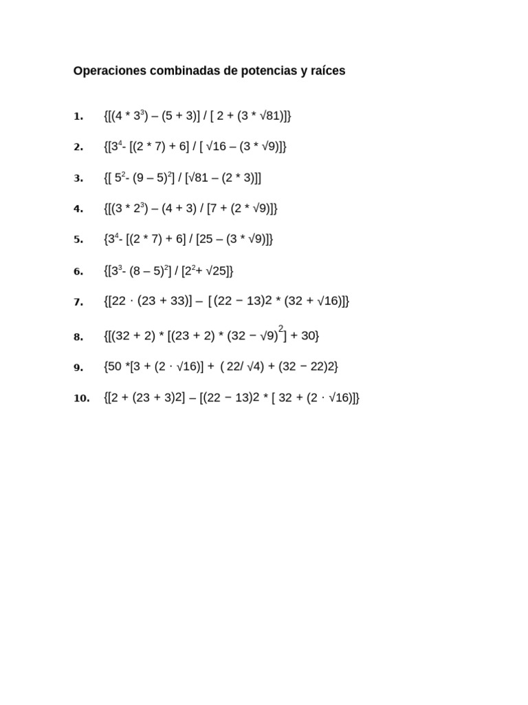 Operaciones Combinadas de Potencias y Raíces | PDF