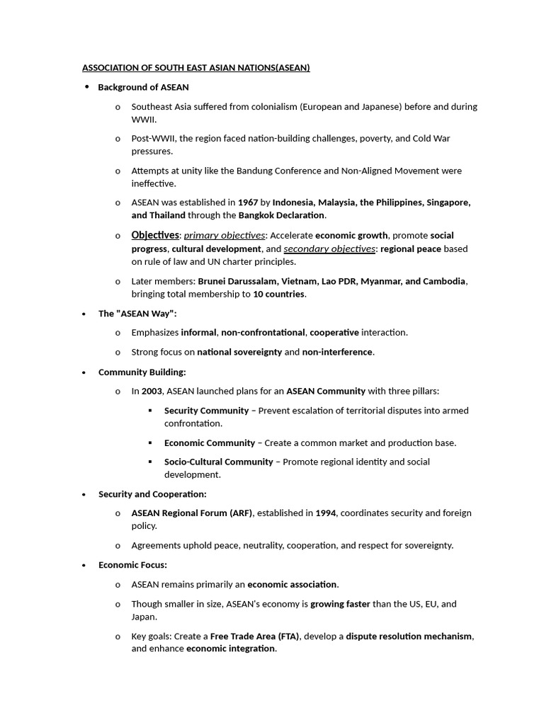 Overview of ASEAN's Formation and Goals | PDF | International Relations ...