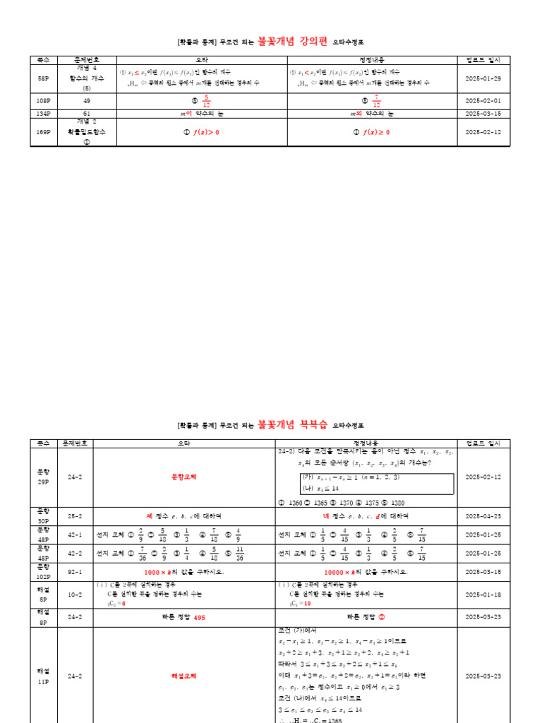 2026 무불개 확통 강의편, 복복습, 계산력 정오표 - 250423 | PDF