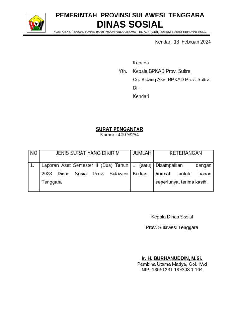 Surat Pengantar Laporan Aset Semester 2 THN 2023 | PDF