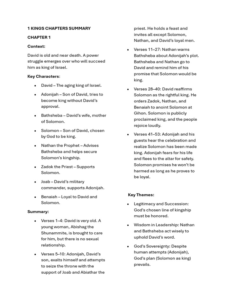 1 Kings Chapters Summary 1 | PDF | Elijah | Solomons
