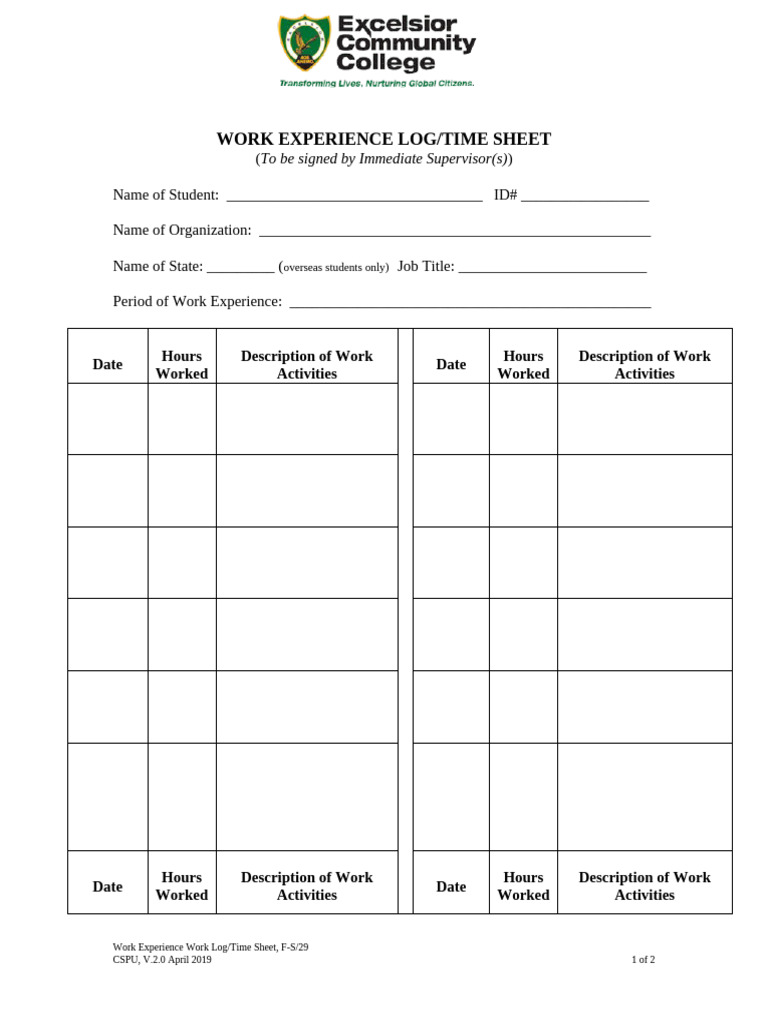 Work Experience Log and Time Sheet | PDF