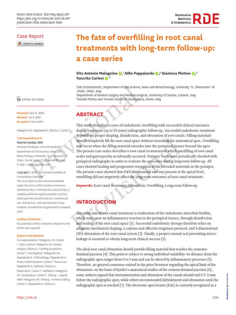 The Fate of Overfilling in Root Canal Treatments W | PDF | Medical ...