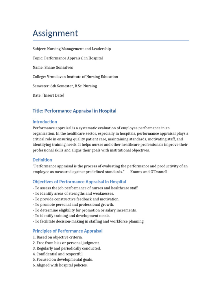 Performance Appraisal Assignment Shane | PDF | Performance Appraisal | Nursing