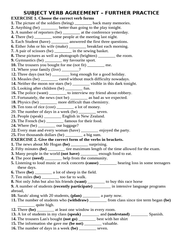 Subject-Verb Agreement Exercises | PDF