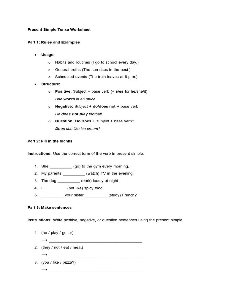 Present Simple Tense Worksheet | PDF