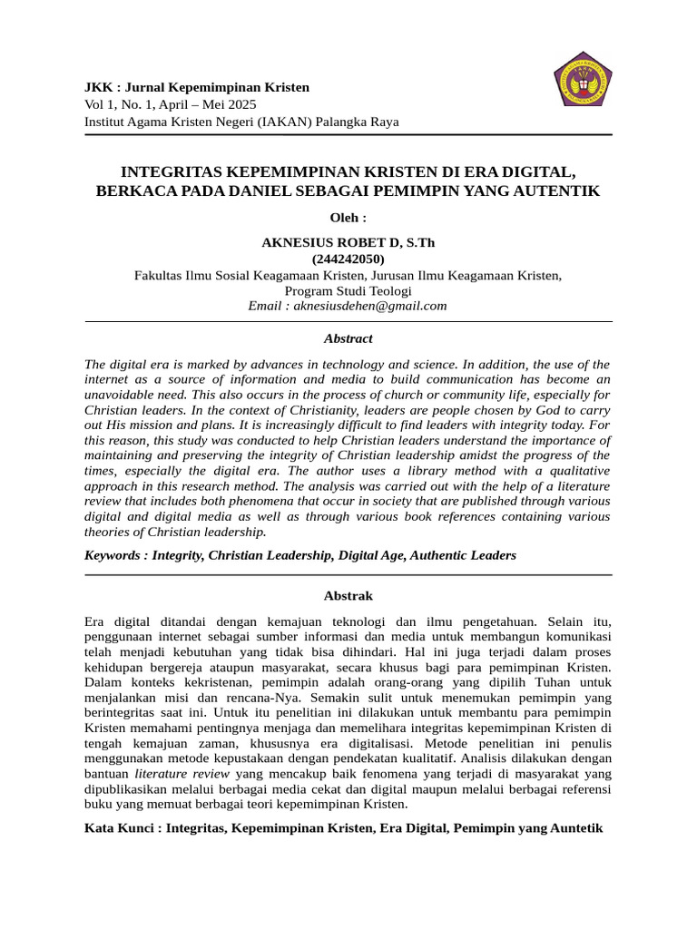 Jurnal Integritas Kepemimpinan Kristen (Aknesius Robet, S.TH) | PDF