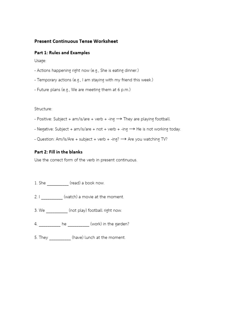 Present Continuous Tense Worksheet | PDF