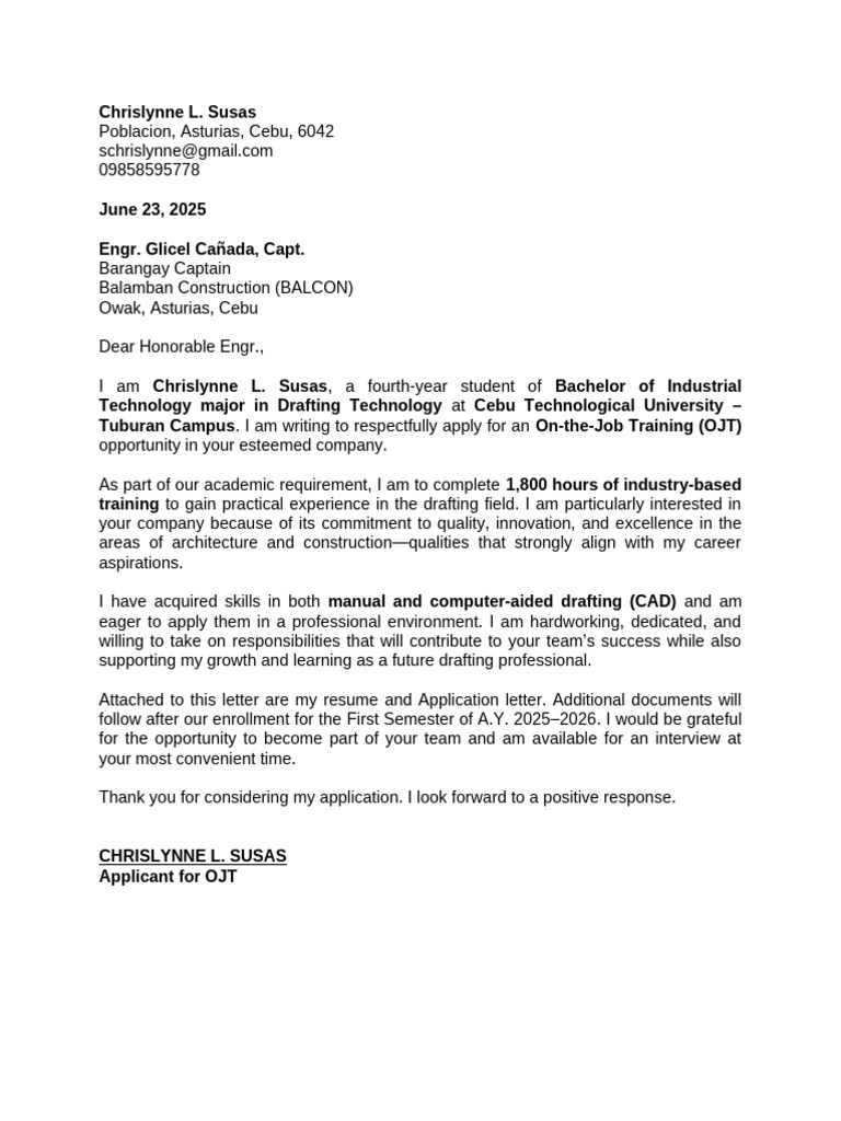 Application Letter Ojt | PDF