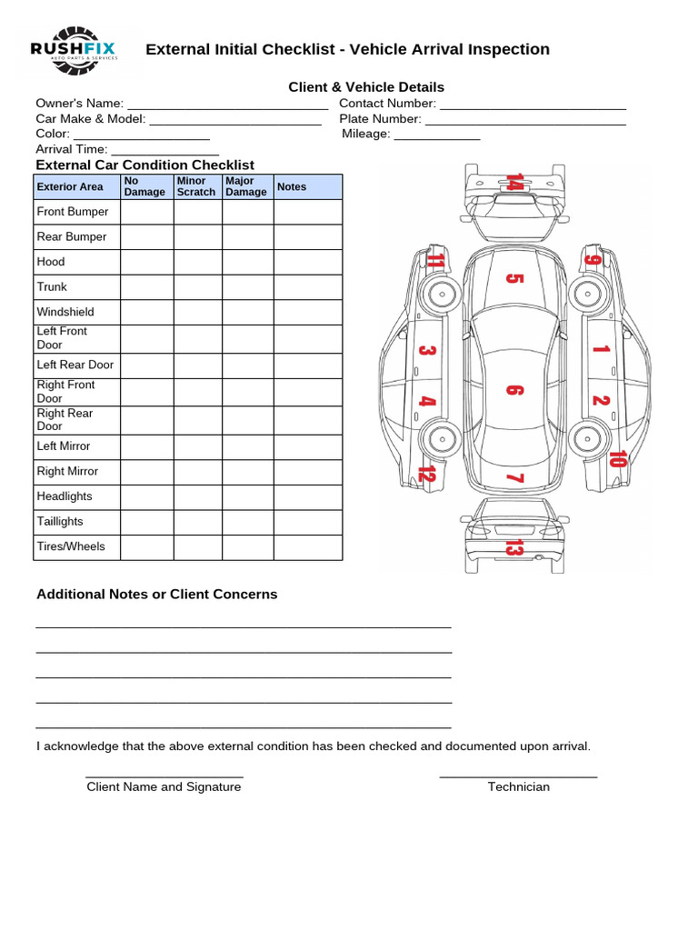 Car Repair External Checklist | PDF