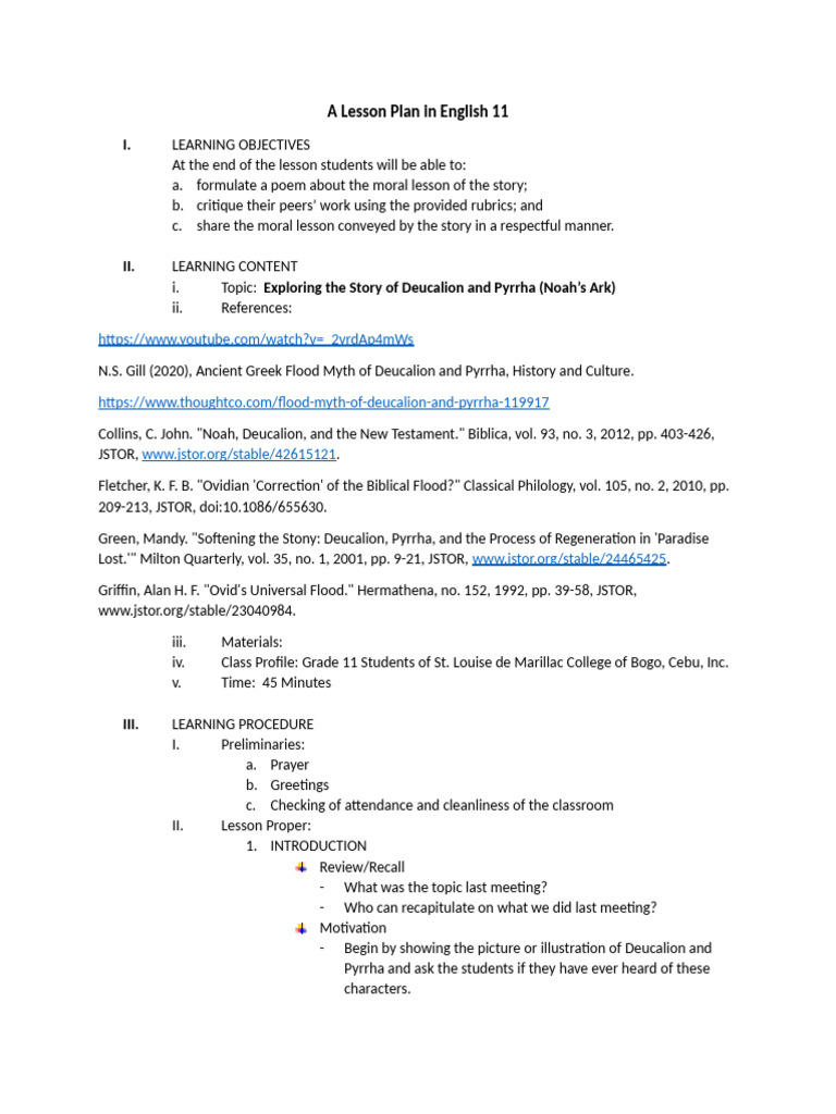 A Lesson Plan in English 11 (Deucalion and Pyrrha) | PDF | Flood Myth