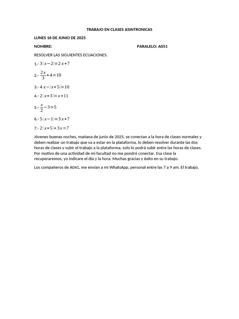 A051 Trabajo en Clases Asintronicas Matematicas 2025 | PDF