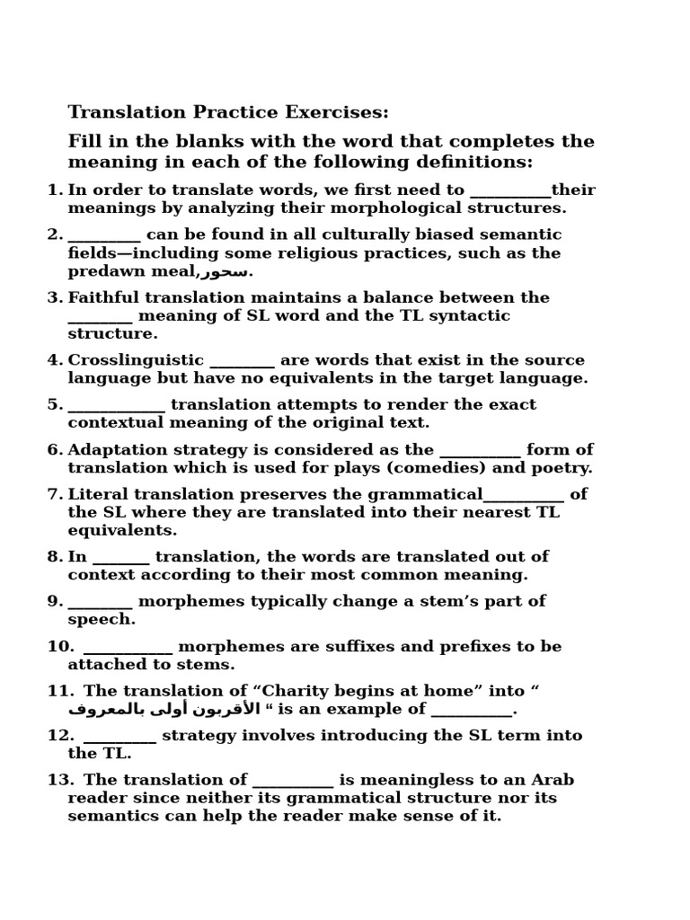 Translation Practice Exercises - Final Exam | PDF | Word | Translations