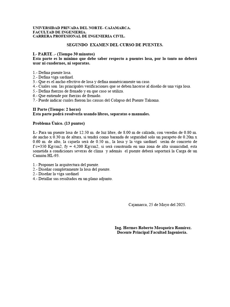 Segundo Examen de Puentes (2025-UPN) | PDF